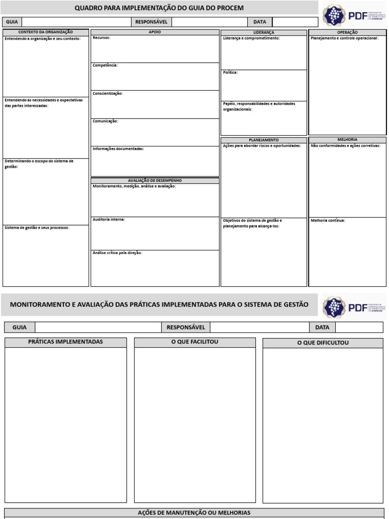 PROCEM - QUADROS Implementação Da Gestão | PDF | Planejamento | Business