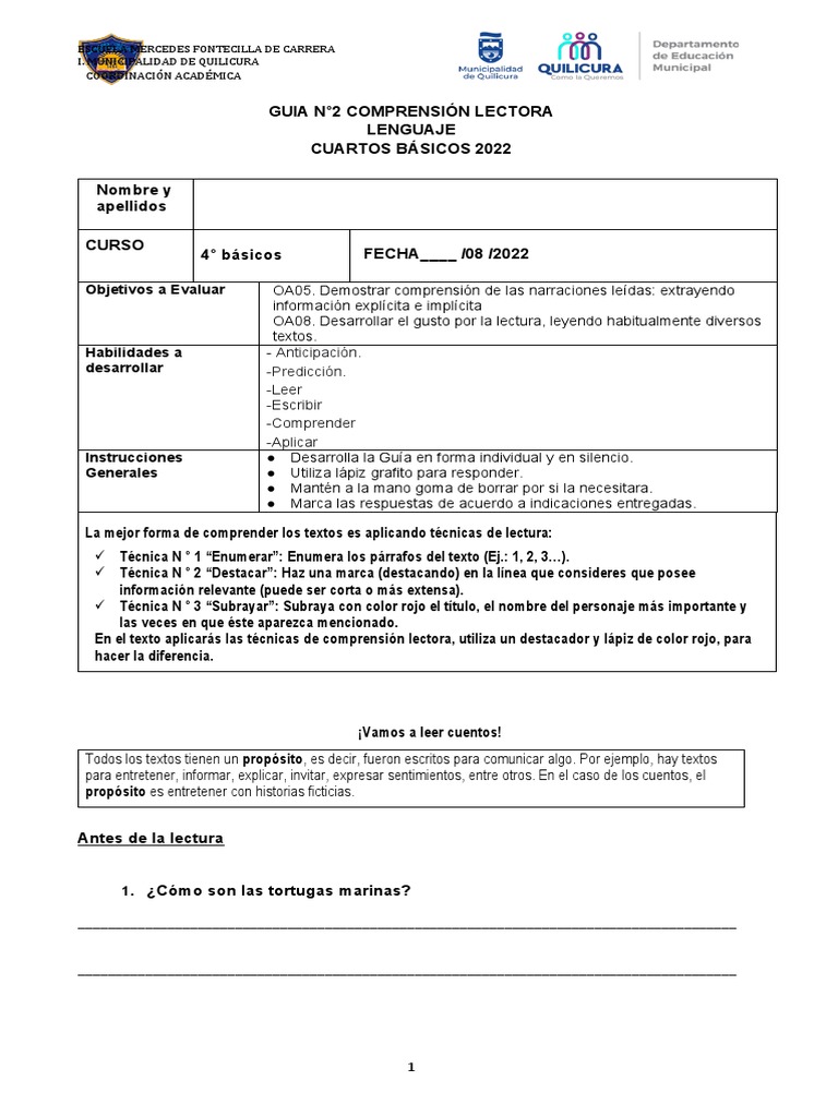Guía de Comprensión Lectora 4° Básico | PDF | Comprensión lectora