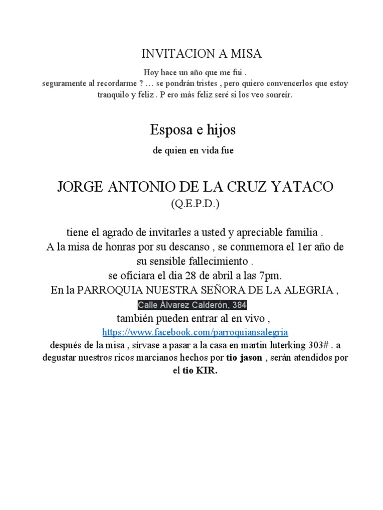 Invitacion A Misa | PDF