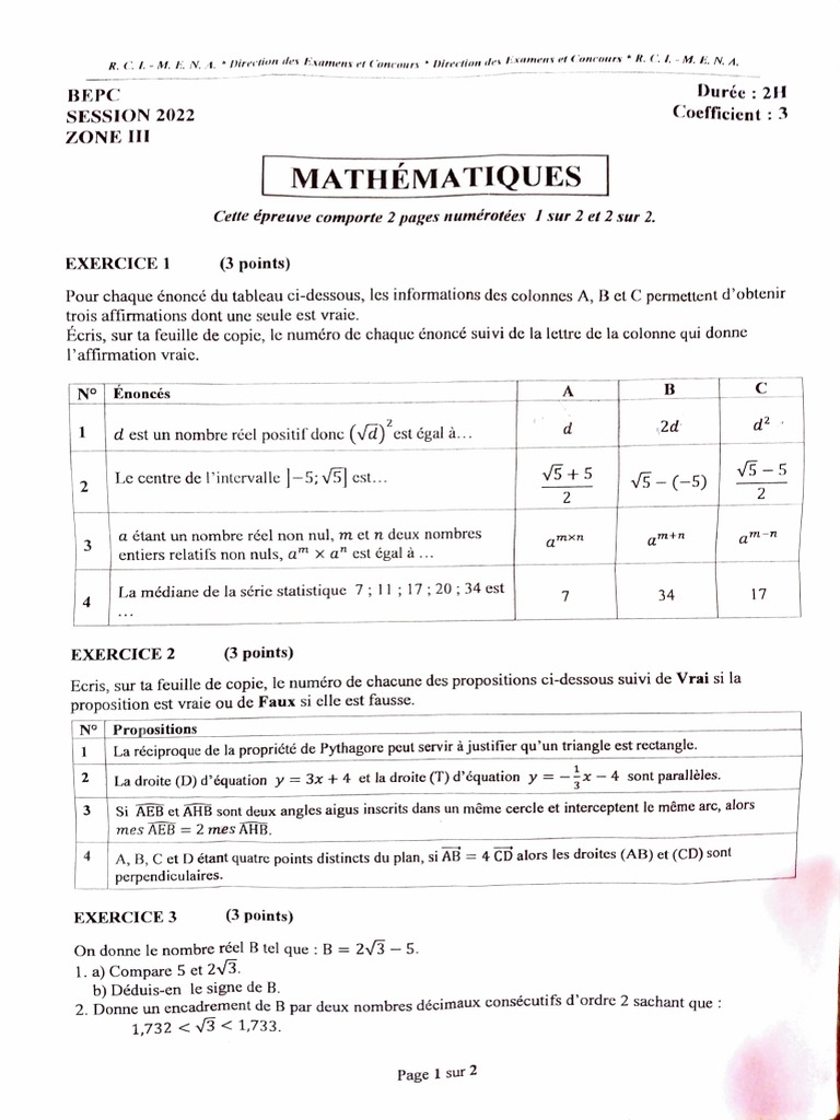 SUJET BEPC 2022 MATHEMATIQUES Zone-3 COTE D'IVOIRE | PDF