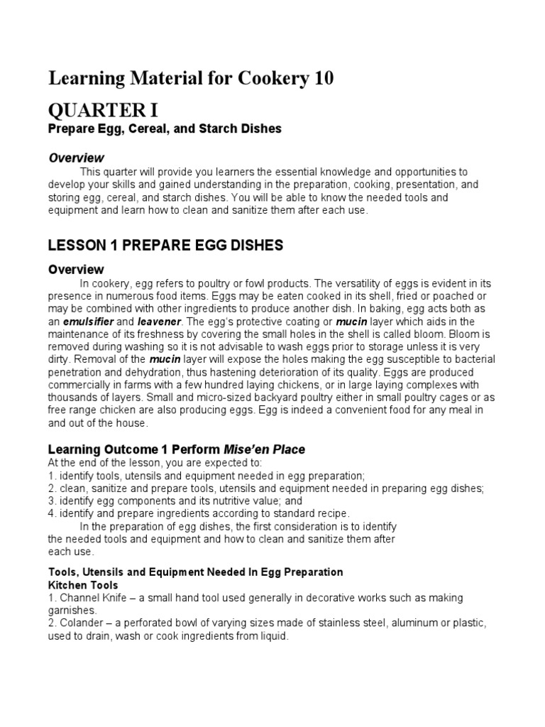 Learning Material For Cookery 10 | PDF | Egg As Food | Dishwasher