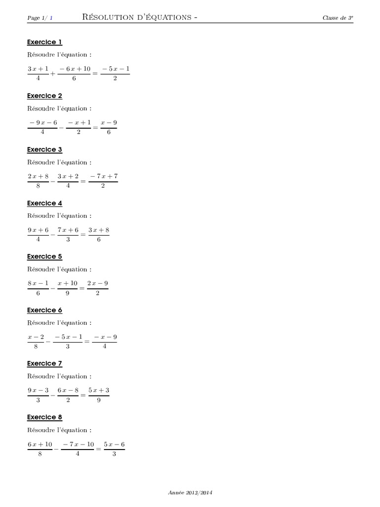 Exercices Equations Et Inequations Du Premier Degre A Une Inconnue ...
