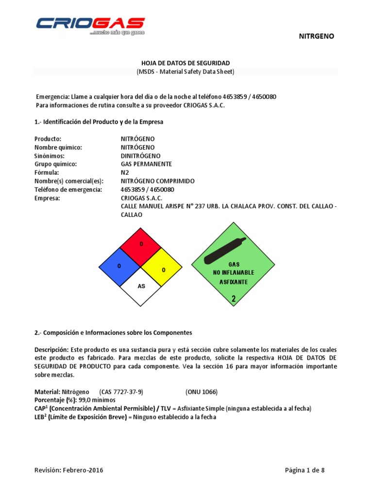 MSDS Nitrogeno Criogas | PDF | Oxígeno | Agua