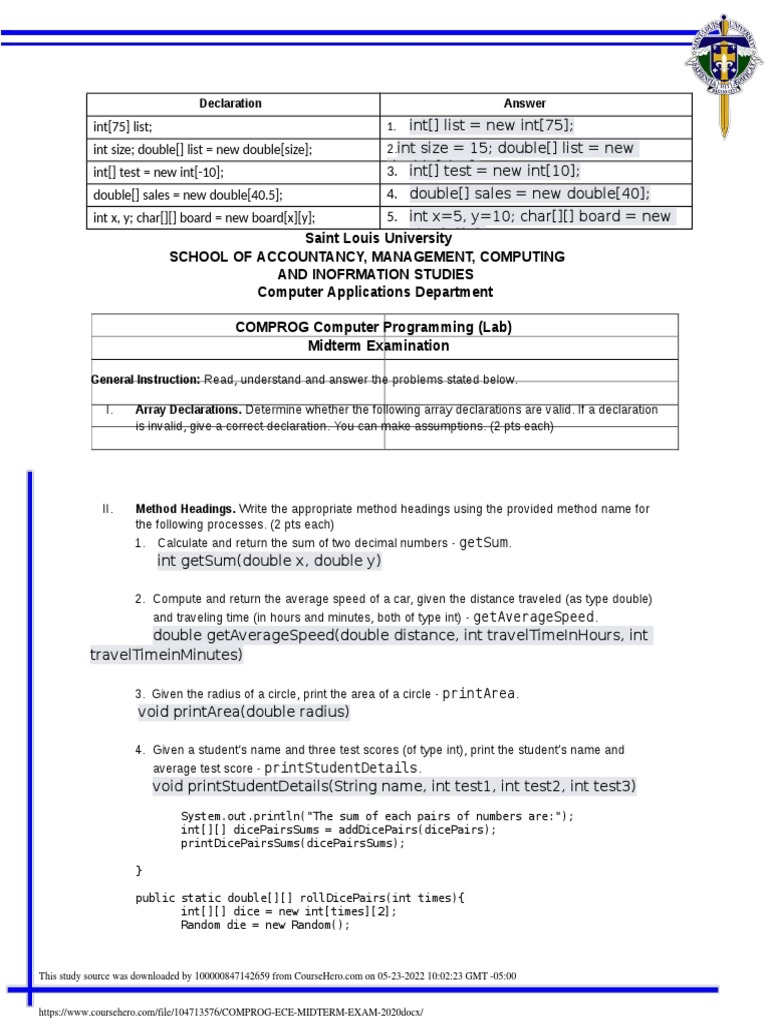 Comprog Ece Midterm Exam 2020 | PDF | Teaching Methods & Materials