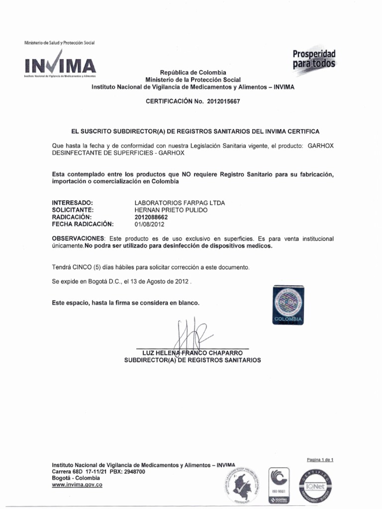 CERTIFICADO INVIMA GARHOX SUPERFICIES (No Requiere) | PDF