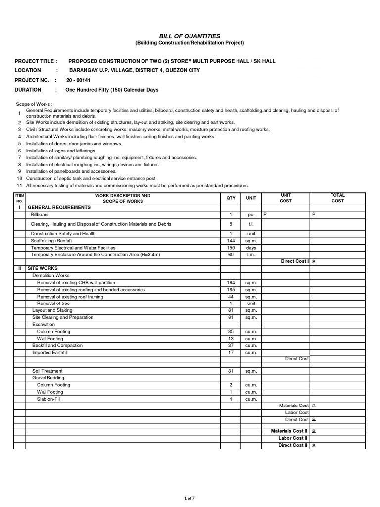 Bill of Quantities 20 00141 Proposed Construction of Two 2 Storey Multi ...