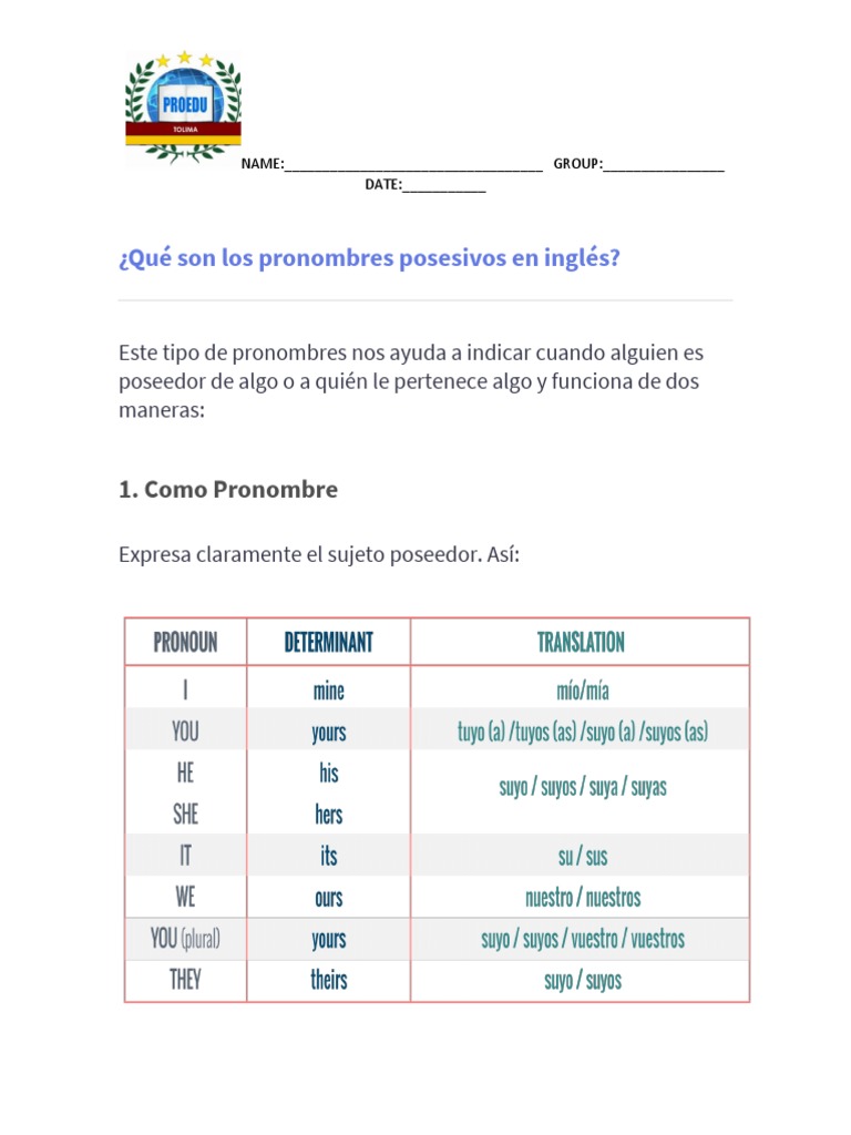 Guía de Pronombres Posesivos en Inglés | PDF | Adjetivo | Pronombre