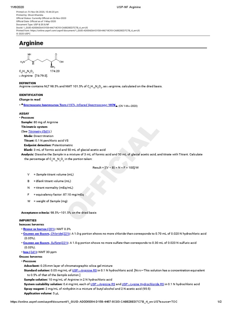USP-NF Arginine | PDF | Titration | Chemistry