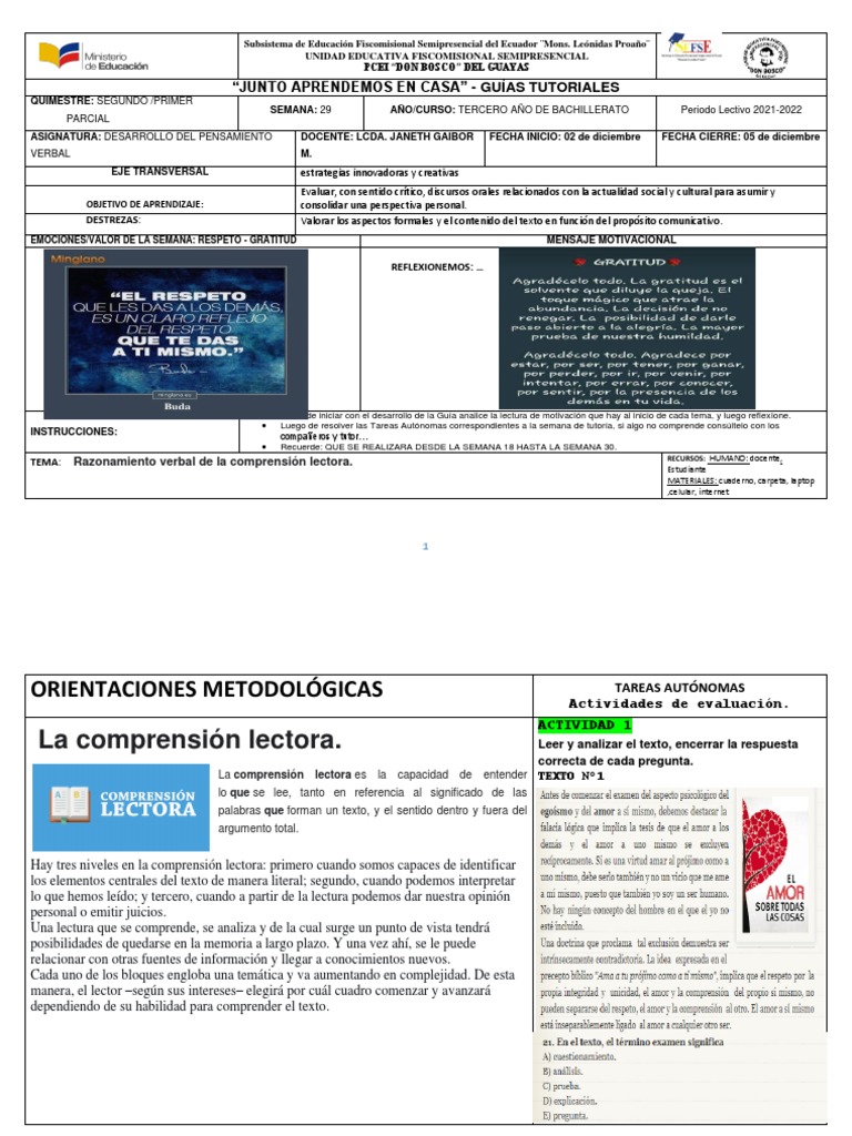 Guia de Desarrollo Del Pensamiento Verbal Semana 29 | PDF | Comprensión ...