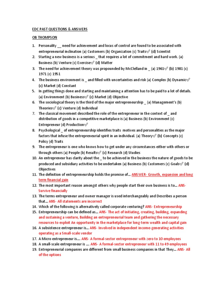 Edc Past Questions & Answers | PDF | Entrepreneurship | Venture Capital