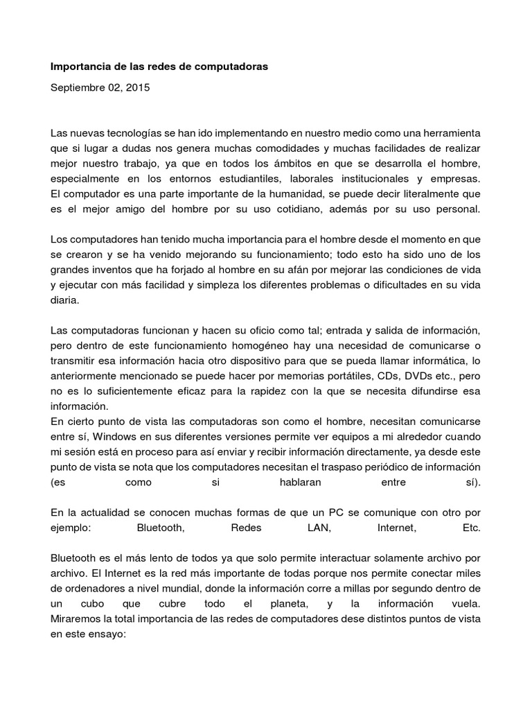 Importancia de Las Redes de Computadoras, Lectura - Ensayo | PDF | Red de computadoras | Red de ...