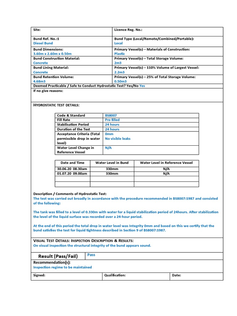 Bund Integrity Test Report Example | PDF | Building Engineering | Civil ...