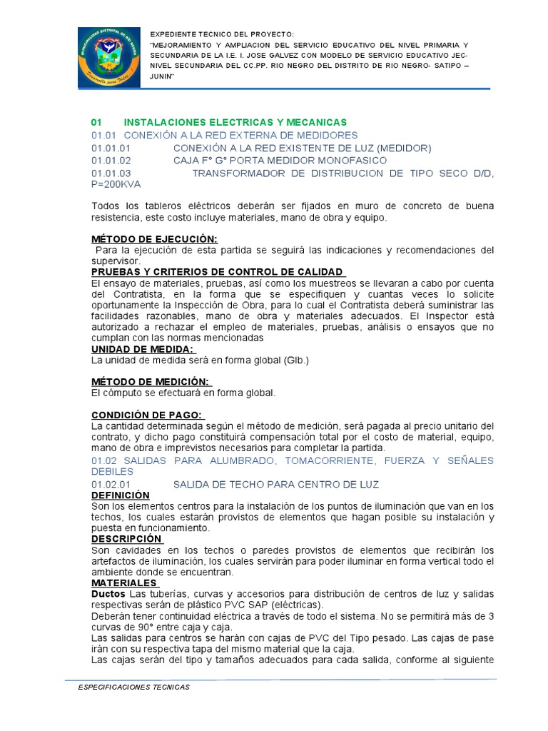Especificaciones Tecnicas Instalaciones Electricas y Mecanicas | PDF | Tubería (transporte de ...