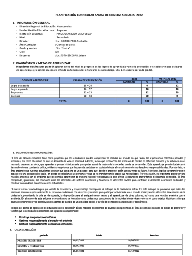 PLANIFICACIÓN CURRICULAR ANUAL DE Quinto Grado CIENCIAS SOCIALES | PDF | Evaluación | Aprendizaje