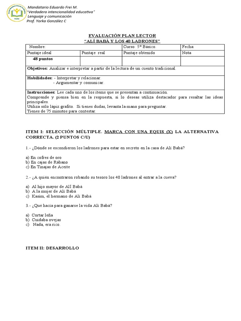Evaluación Plan Lector Ali Baba y Los 40 Ladrones Quinto Básico | PDF | Estudios de idiomas ...