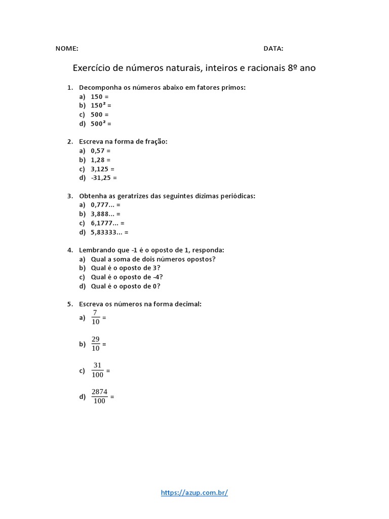 Exercício de Números Naturais Inteiros e Racionais 8º Ano | PDF