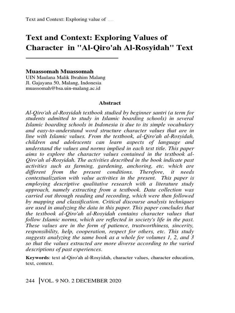Text and Context: Exploring Values of Character in "Al-Qiro'ah Al ...