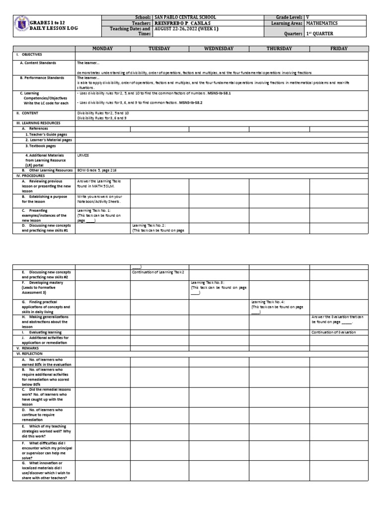 DLL - Math 5 - Q1 - W1 | PDF | Learning | Education Theory