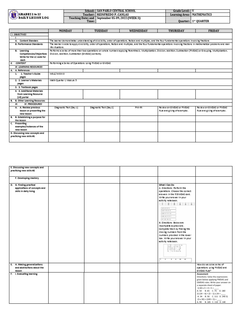 Grade 5 Math DLL Week 3 Q1 | PDF | Learning | Mathematics