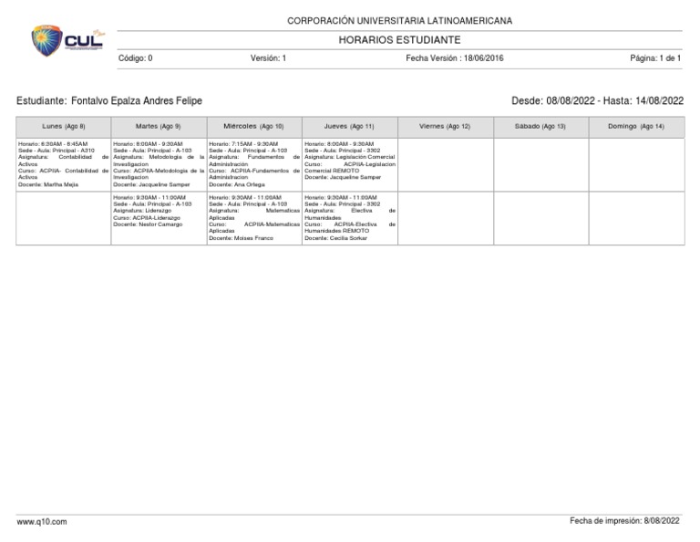 Horarios De Clases Acpiia 2022 Pdf