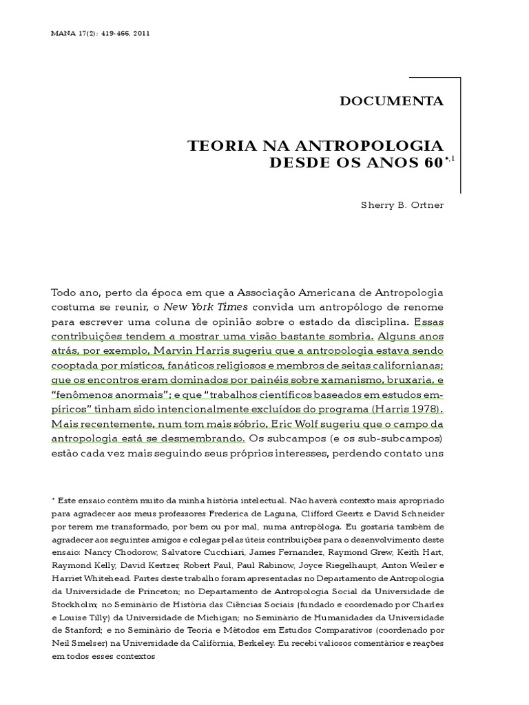 Teoria Da Antropologia Desde Os Anos 60 - Sherry B. Ortner | PDF