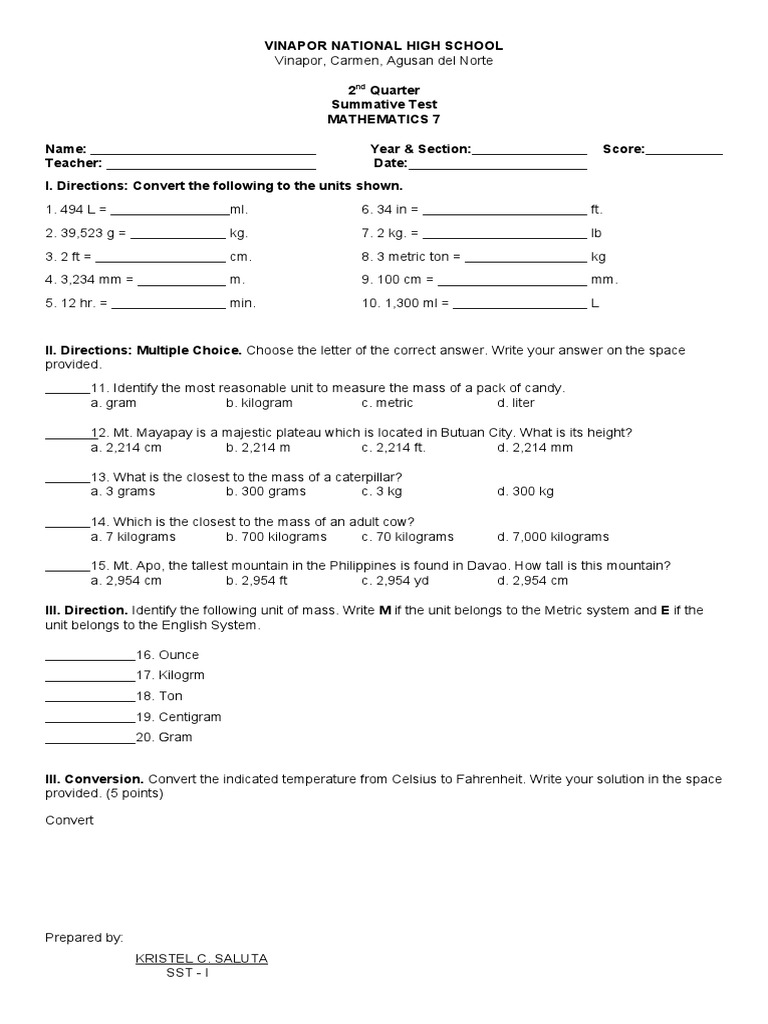 Quarter 2 Summative Test MATH 7 | PDF | Tonne | Ton