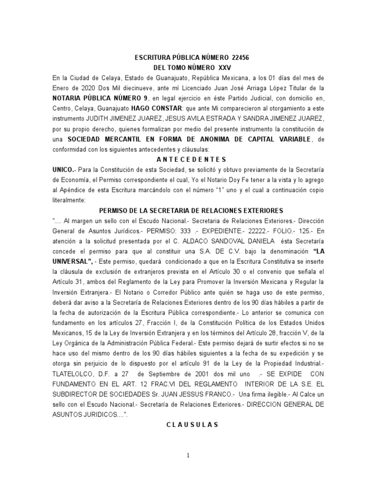 Acta Constitutiva Ejemplo | PDF | Sociedad de responsabilidad limitada | Compartir (Finanzas)
