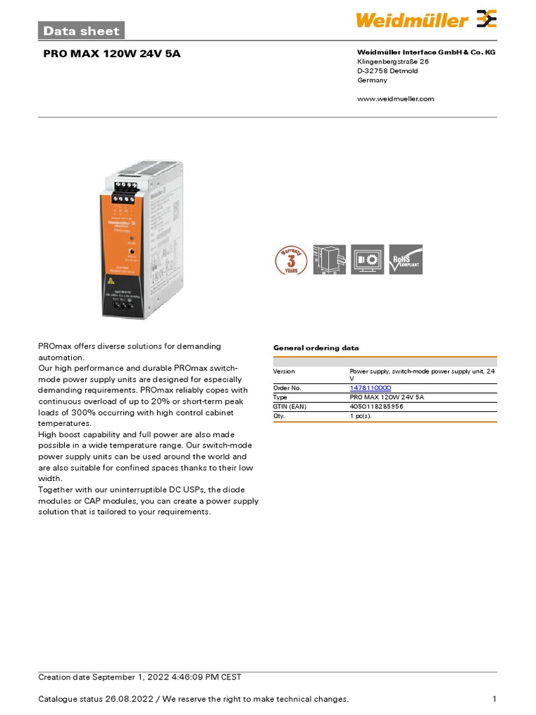 Data Sheet: Pro Max 120W 24V 5A | PDF | Alternating Current | Power Supply