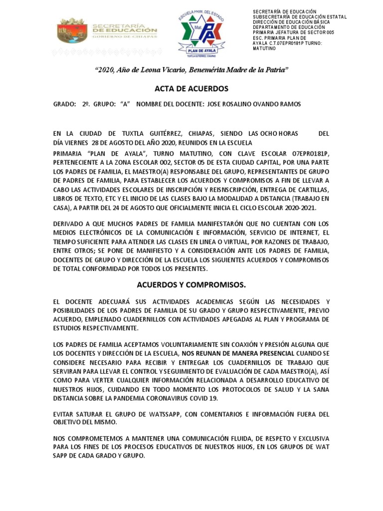 Acta de Acuerdos Padres de Familia Reuniones Presenciales | PDF | Educación primaria | Método de ...