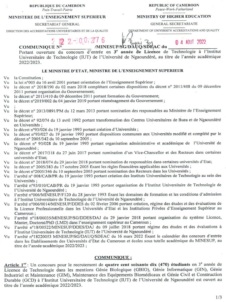 Arrete Concours Iut Ndere 2022 3eme A | PDF