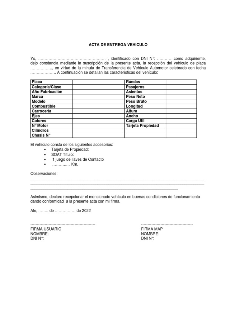 Acta de Entrega Vehiculo Modelo | PDF