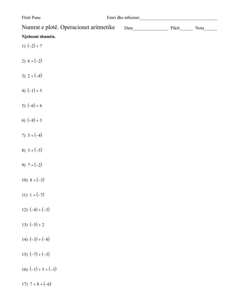 Numrat e Plotë. Operacionet Aritmetike | PDF