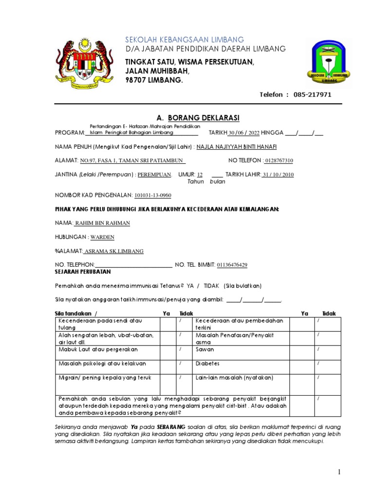 Borang Deklarasi pelajAR Dan Kebenaran Ibubapa Raz | PDF