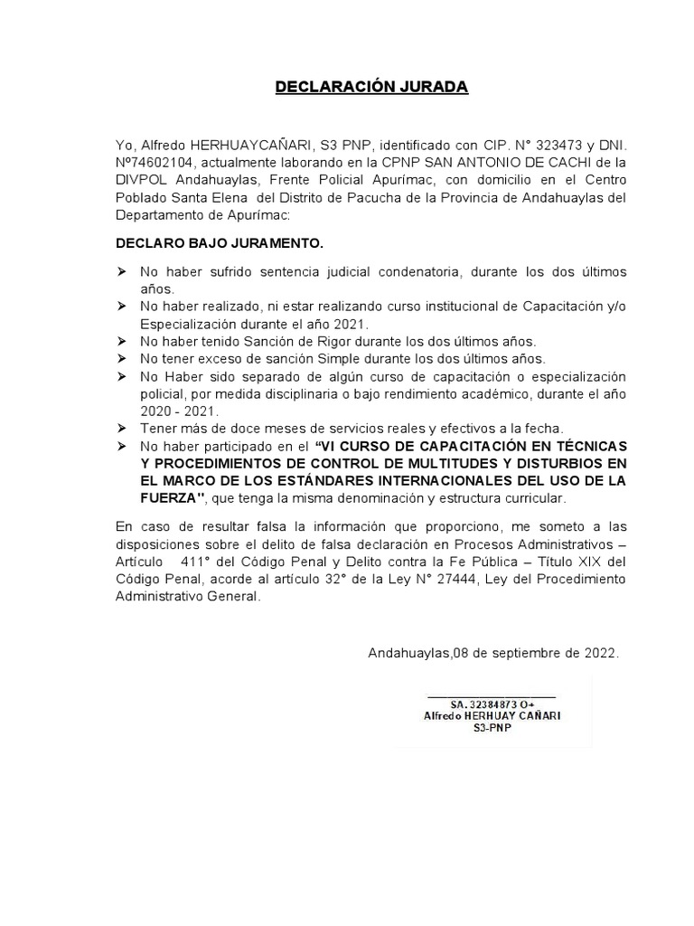 Declaracion Jurada Modelo | PDF | Ciencias sociales