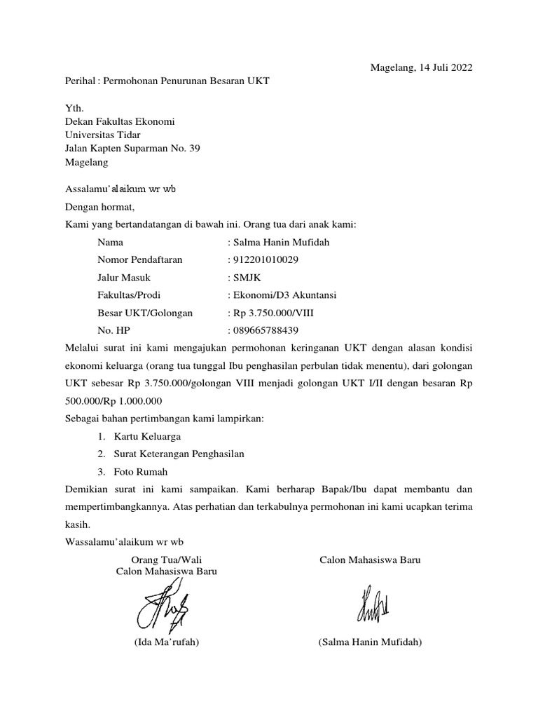 Surat Permohonan Penurunan UKT | PDF