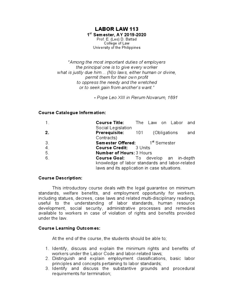 Labor Syllabus (AY19-20) | PDF | Employment | Labour Law