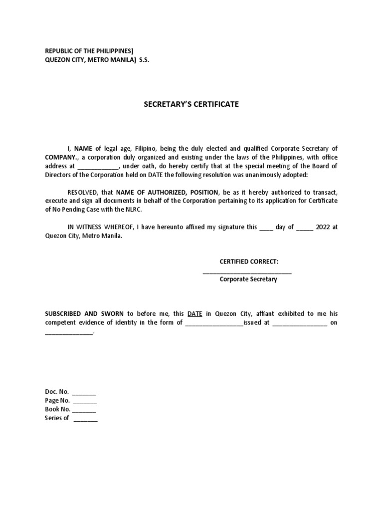 Authorization Secretary s Certificate Docx | PDF