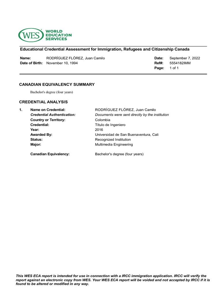 Canadian Equivalency - Bachelor (4 Years) | PDF