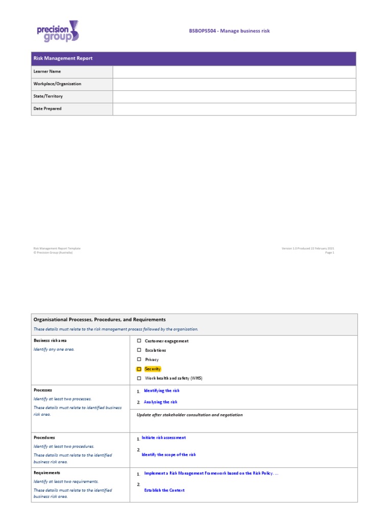 Risk Management Report: BSBOPS504 - Manage Business Risk | PDF | Risk ...