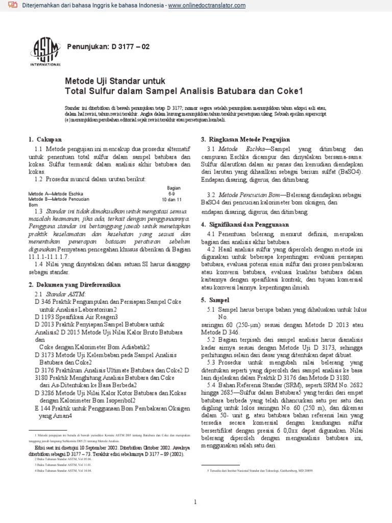 ASTM 3177 02 Total Sulfur | PDF