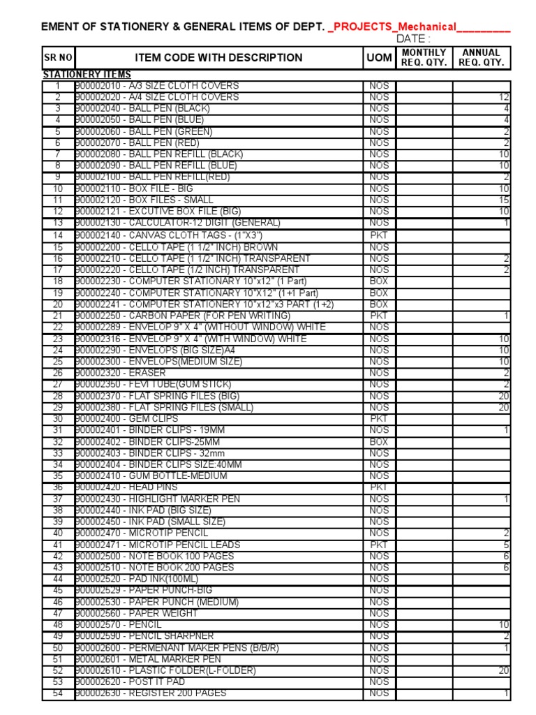 List of Stationary General Items 12 03 11 | PDF | Pen | Stationery