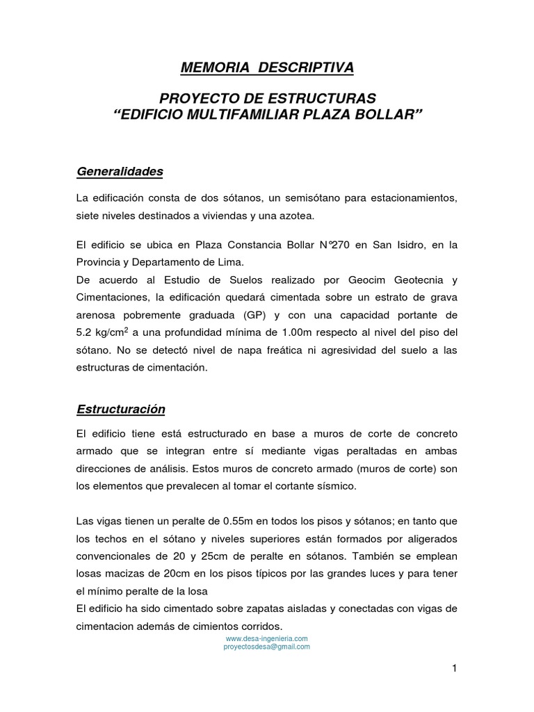 Memoria Descriptiva Estructuras Bollar | PDF | Fundación (Ingeniería) | Elementos arquitectónicos