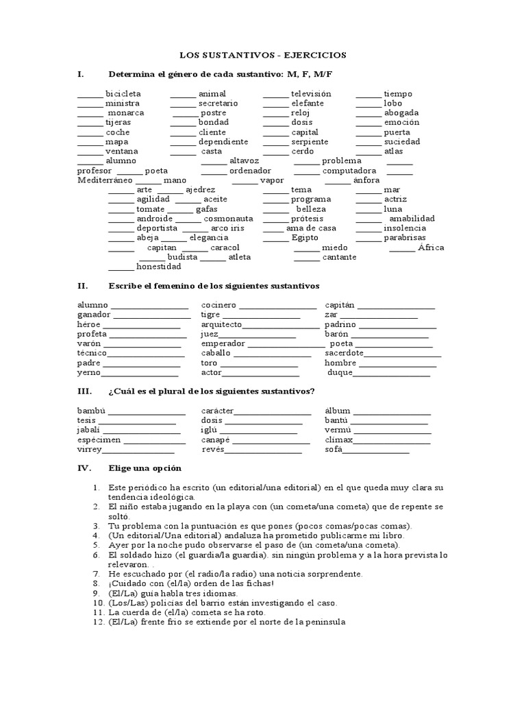 Ejercicios de Género y Número de Sustantivos | PDF