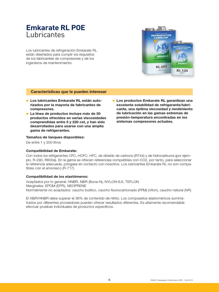 ACEITES Emkarate RL POE | PDF | Química | Ingeniería de Procesos Químicos