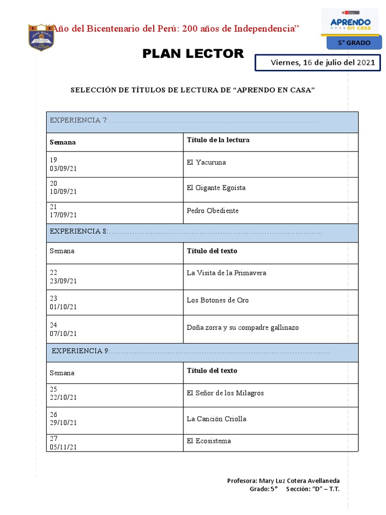 Plan Lector V Ciclo | PDF | Libros para adolescentes