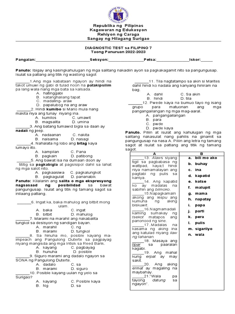 Diagnostic Test in Filipino 7 (2022-2023) | PDF