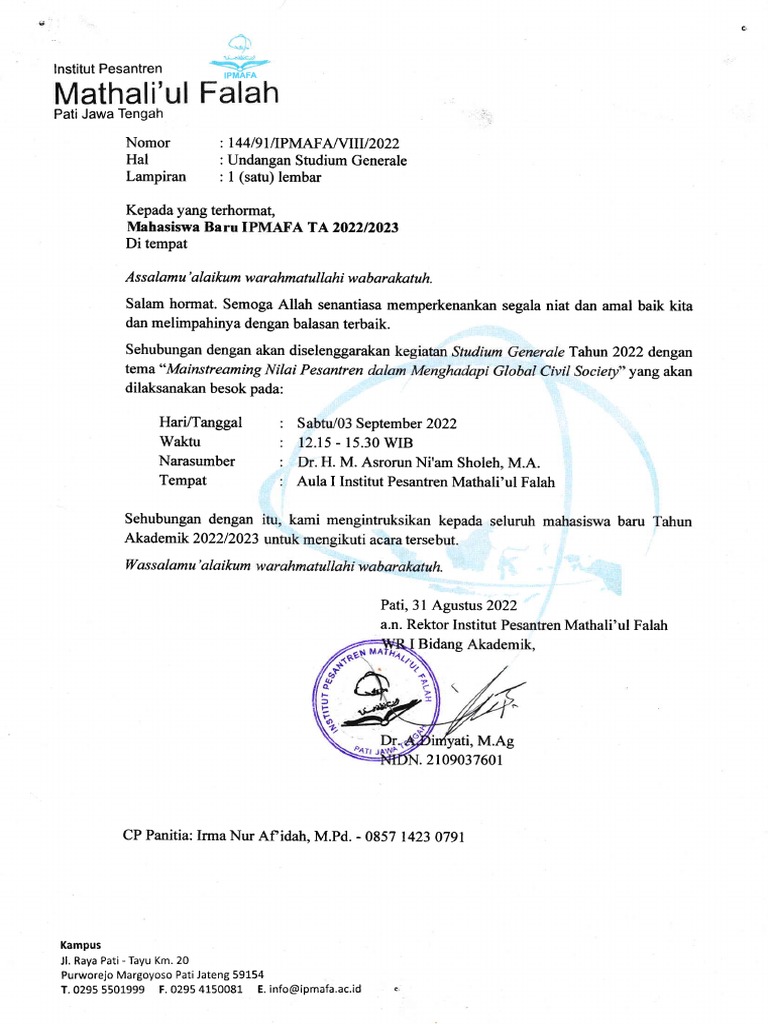 Undangan Mahasiswa Baru Studium Generale 2022 | PDF