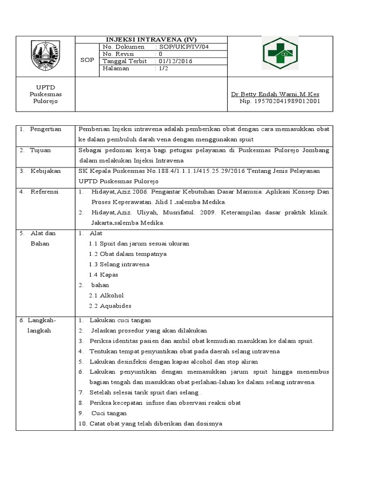 Sop Injeksi Intravena (IV) | PDF