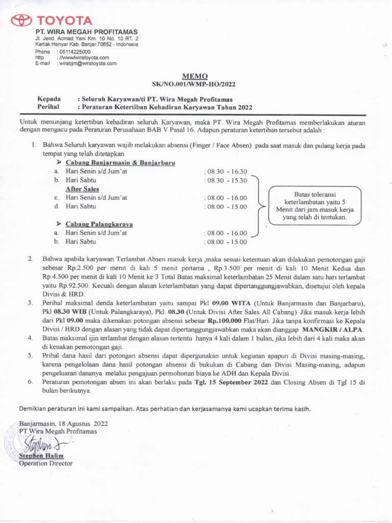 Memo Peraturan Ketertiban Karyawan 2022 | PDF