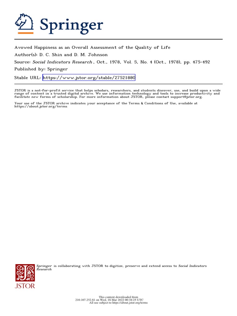 Avowed Happiness As An Overall Assessment of The Quality of Life | PDF | Happiness | Dependent ...